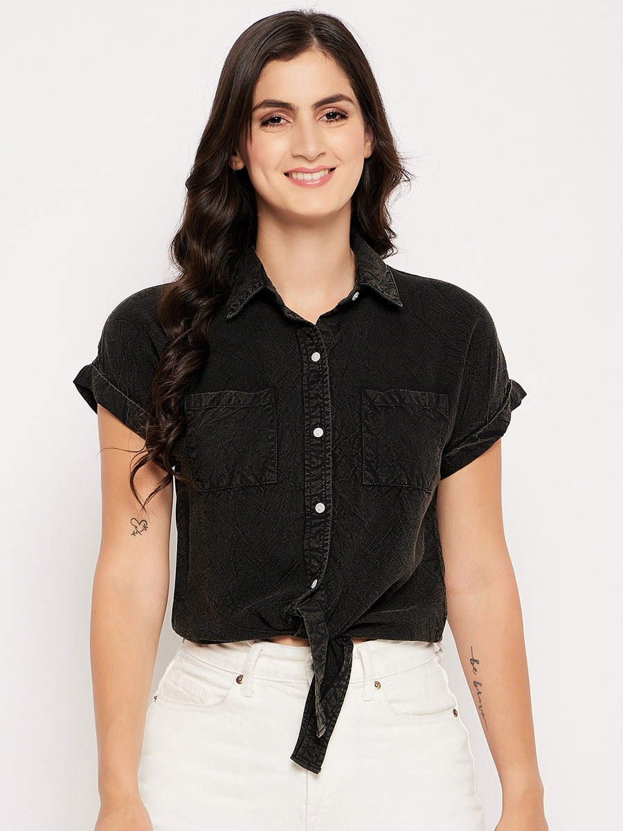 BLACK ACID WASH RAYON CHALLI TIE FRONT CAMP SHIRT – Sim and Sam